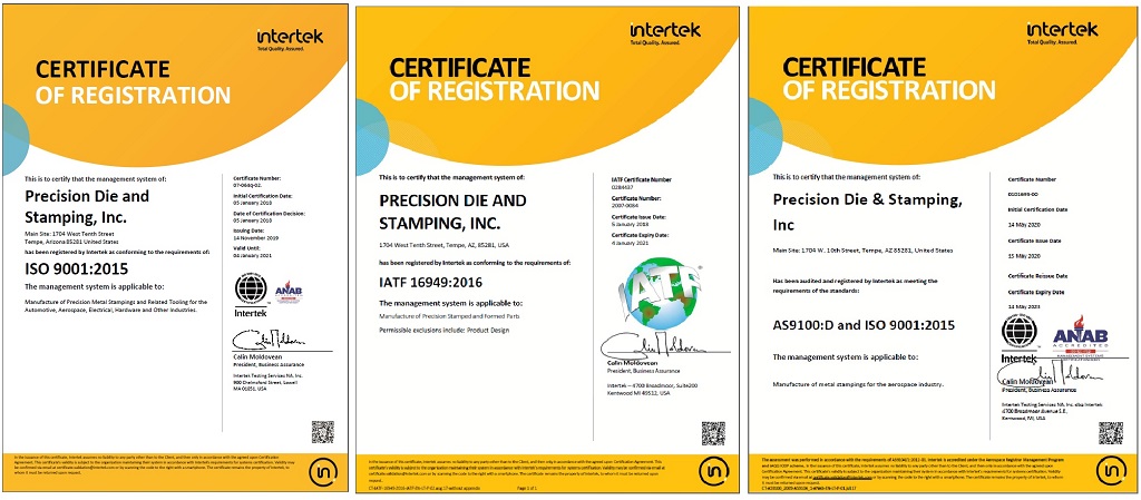 Three Certifications | Precision Die and Stamping, Inc.